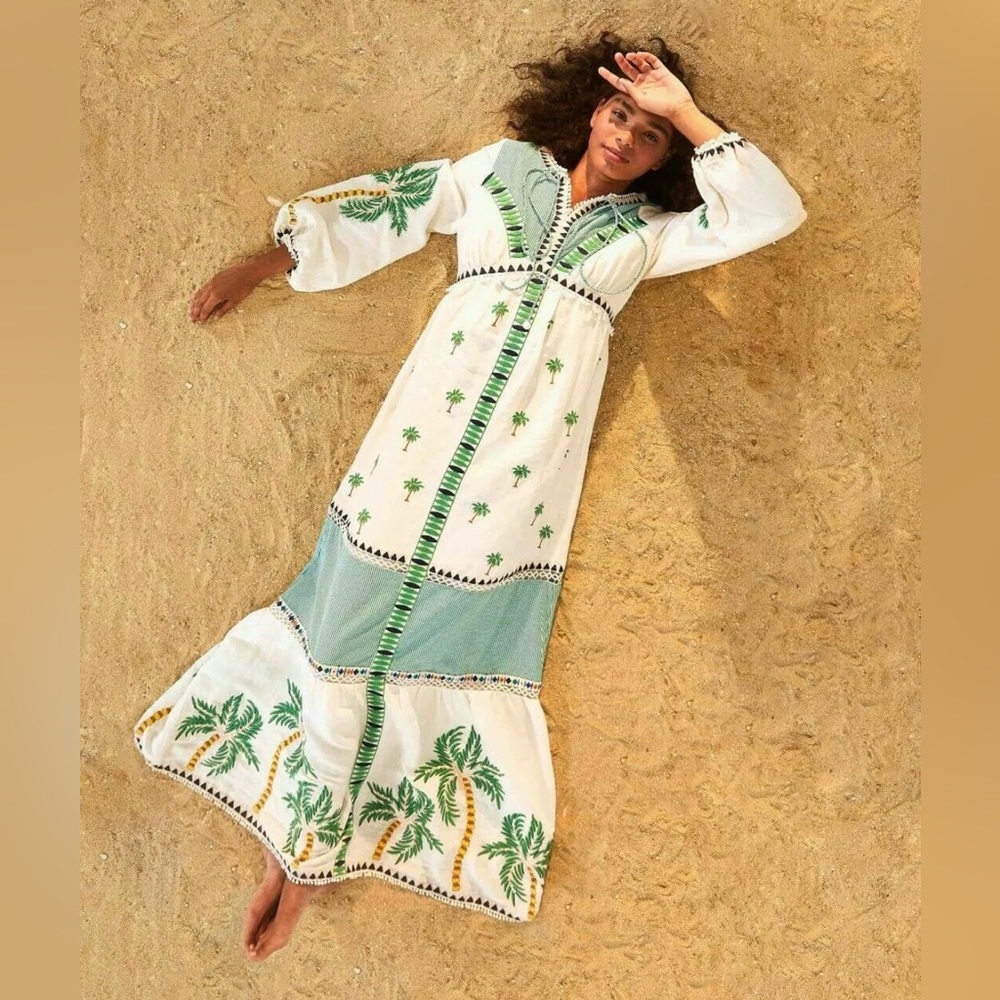 Farm Rio Embroidered Palm Tree Dress - Gem